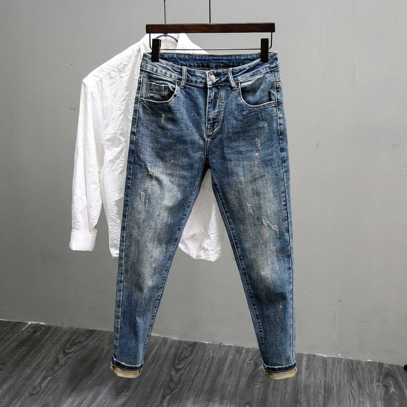 Тренд RONG CH Мужские Джинсы Стиральные Потертые Высокий Улица Вайб Деним, Размер_28