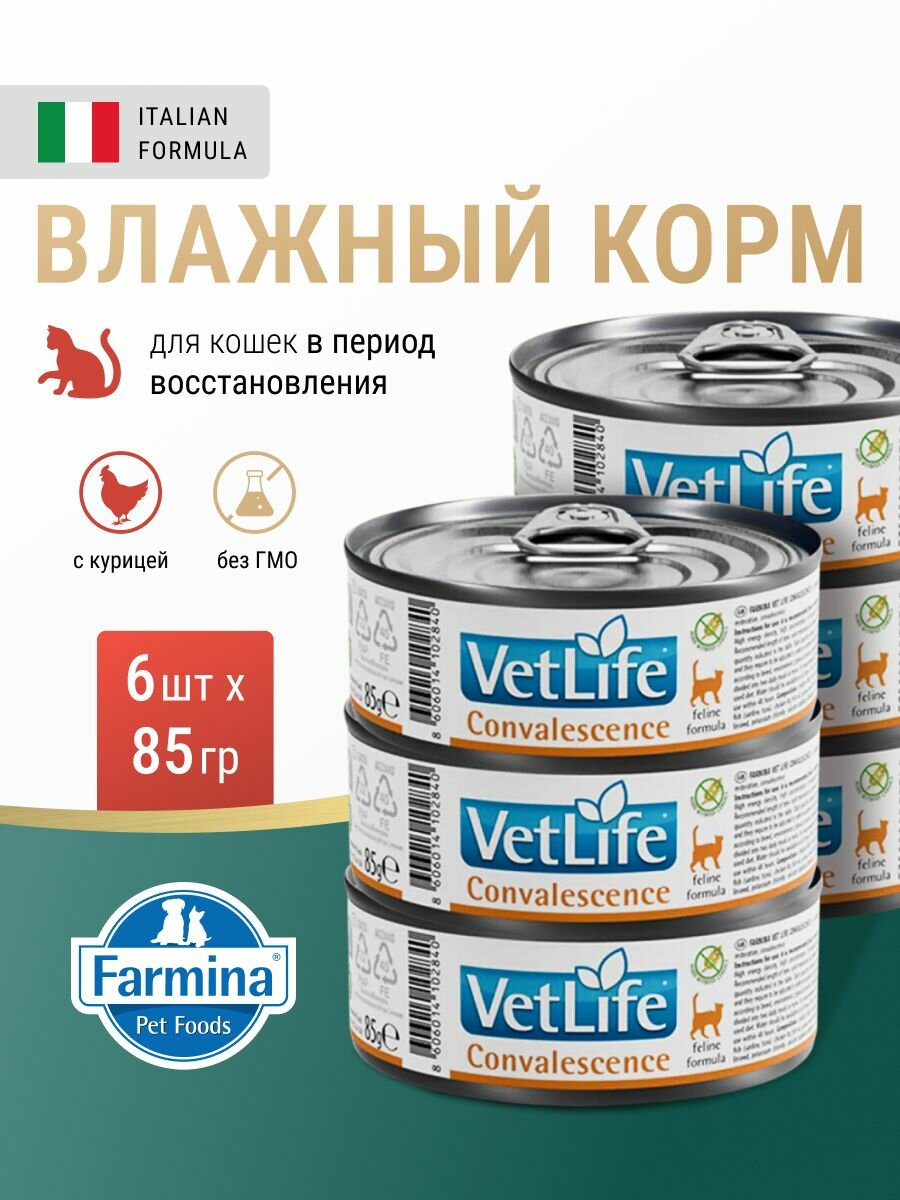 Farmina Vet Life Convalescence Влажный корм (консервы) для кошек в период восстановления и выздоровления, 85 гр. * 6 шт.