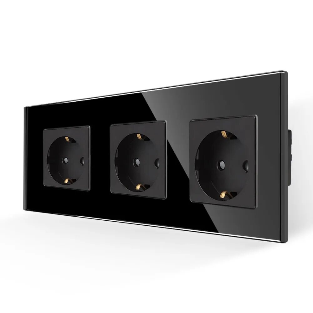 Розетка тройная 3 пост рамка стекло Черный
