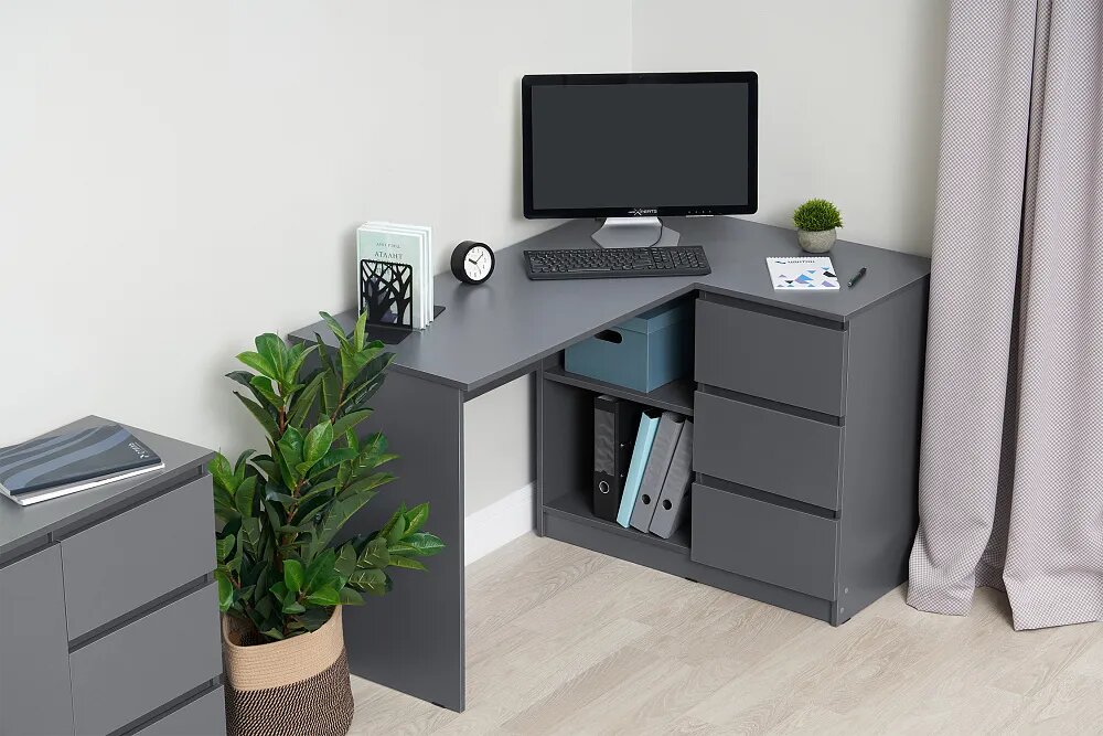Стол письменный компьютерный угловой 3 ящика 1 полка, Челси, 130х76.8х90.4 см, Графит