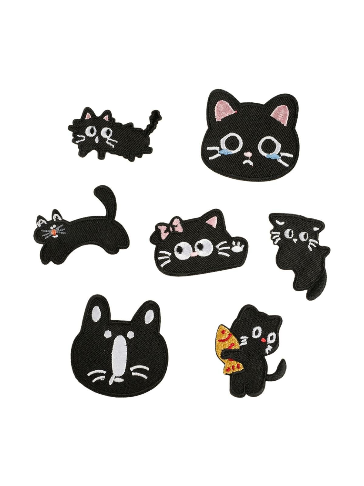 7шт Вышитых нашивок с котенком на ткани, клейкие аппликации для одежды