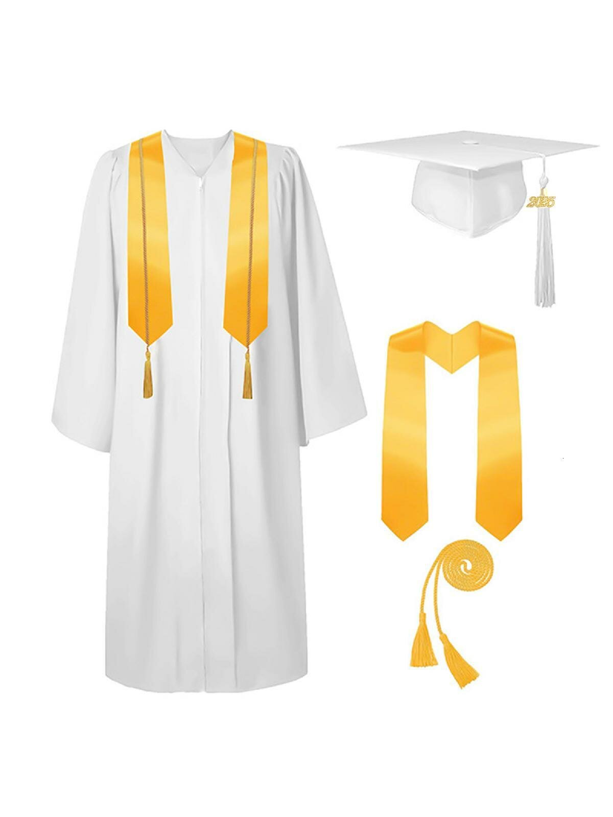 Комплект мантий и шапочек для выпускников 2025, Белый - XL