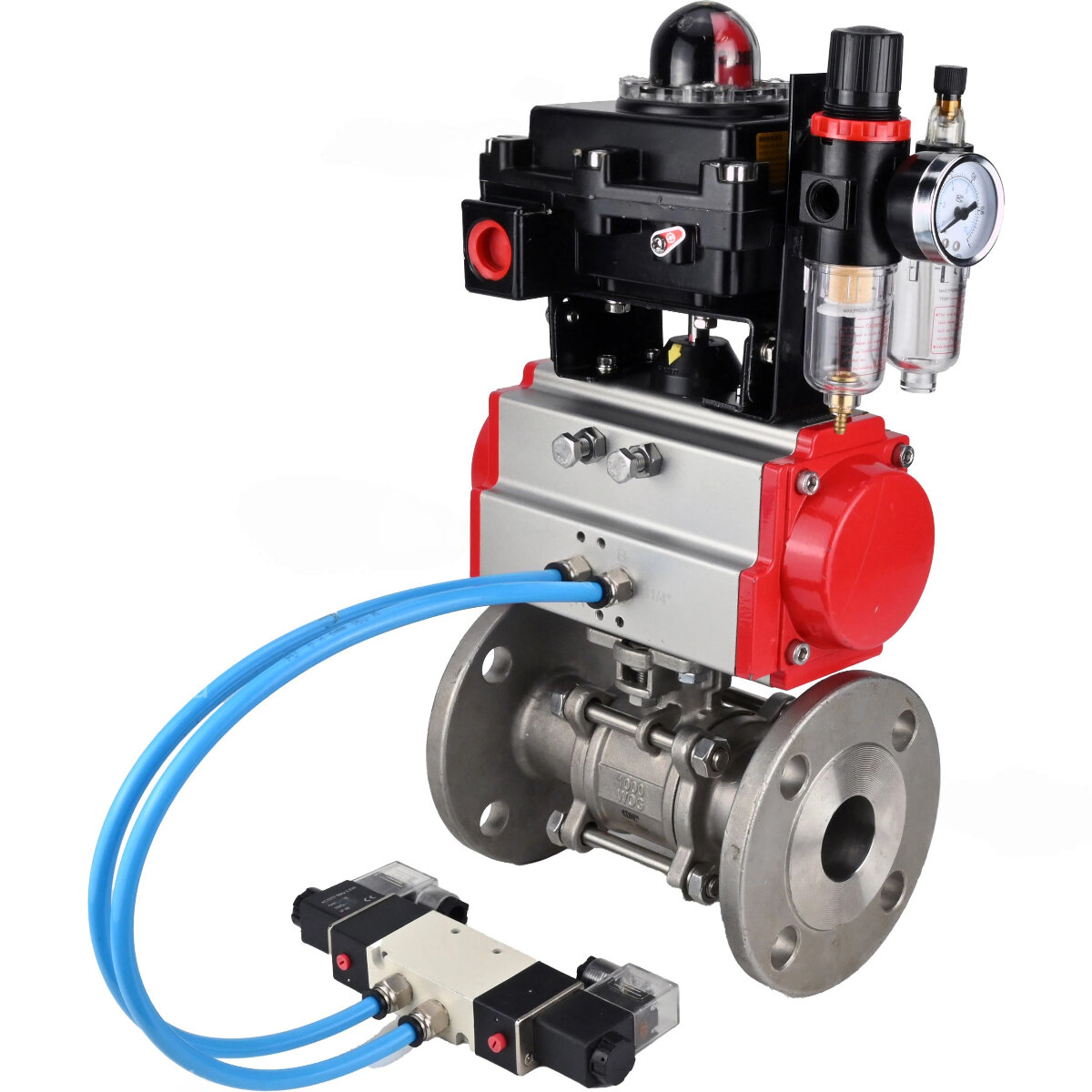 Кран шаровой DN.ru кшфпт.316.180 Ду100 Ру16 полнопроход. трехсоставной, фланц, нерж. сталь 316, PTFE, 22х22, F10, WDVF, с пн. приводом DN. ru DA-105, пн. распред. PND1-S2EM-52-2-T10-220VAC, БКВ LSB-410-02ExM12-250 и БПВ APU1-10-40-V08 (опрессовано)