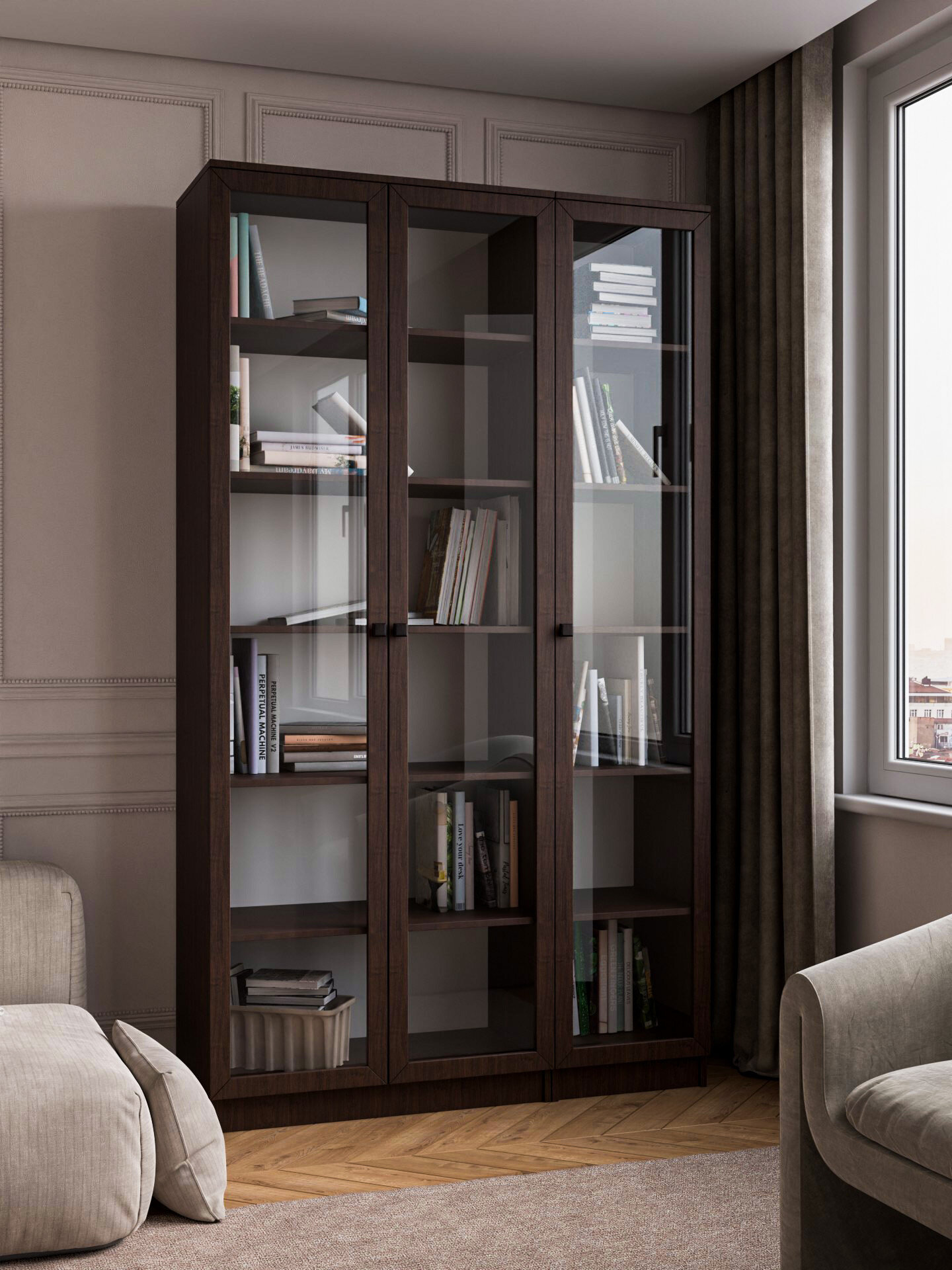 Шкаф-витрина Вест 3.1, 102х38х210 см, со стеклянными дверцами, книжный шкаф-стеллаж с полками, венге