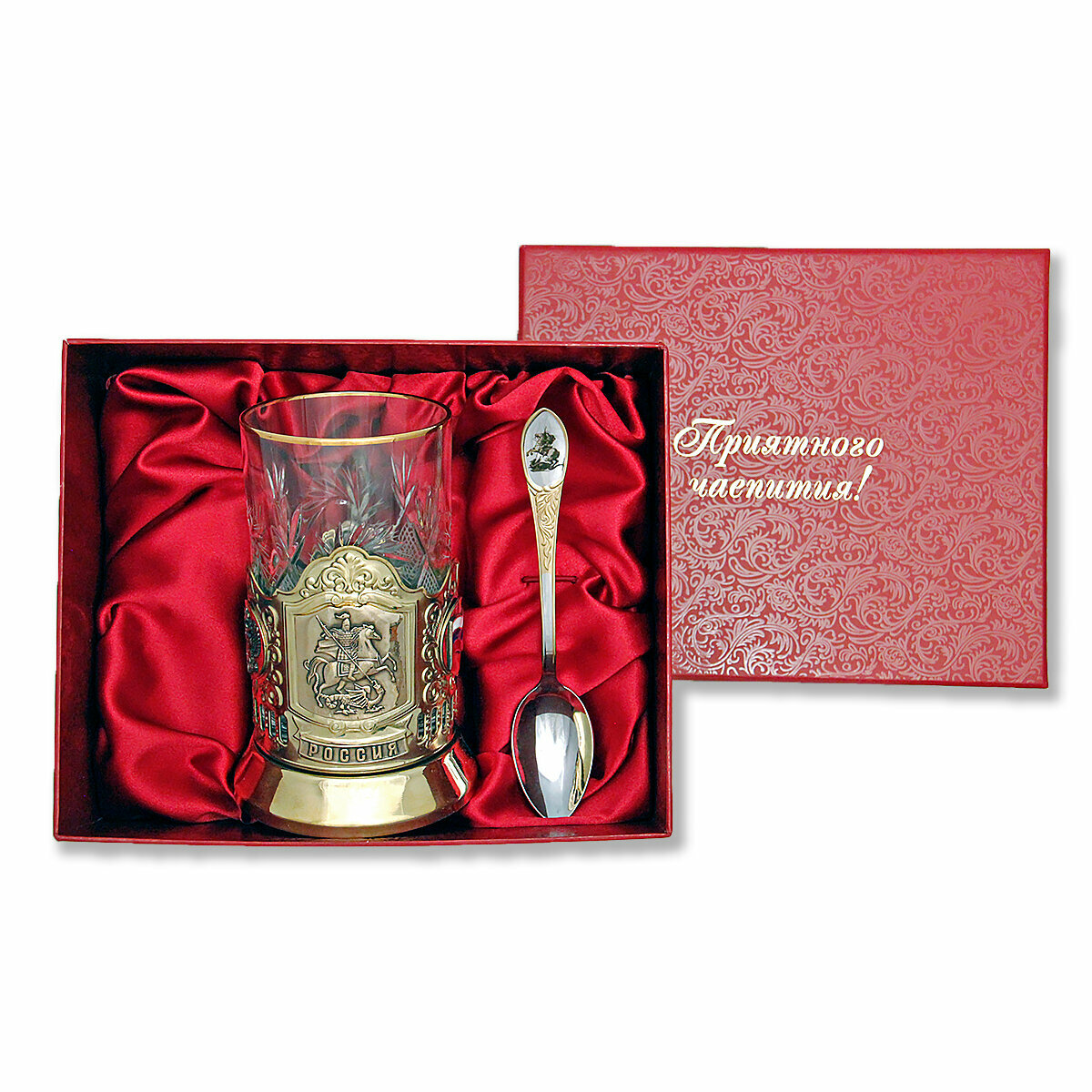 Набор для чая "Георгий" (3 пр.) (стакан - хрусталь, картонный футляр, ложка - нерж. сталь зол.) ПДЛ-424У