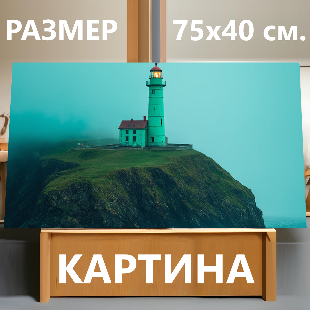 Картина на холсте "Мятный цвет, на которых изображен старинный маяк на скале, утопающей в тумане. свет маяка пробивается сквозь облака." на подрамнике 75х40 см. для интерьера