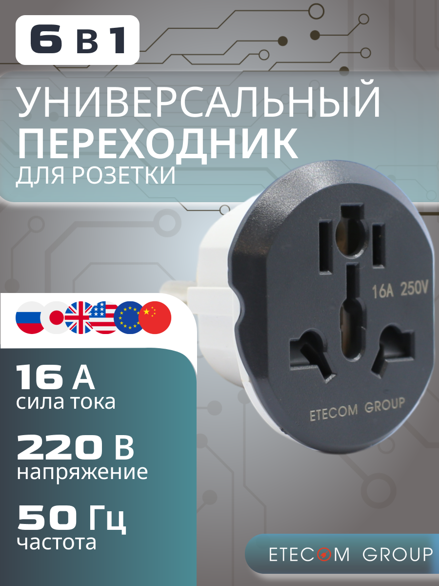 Универсальный адаптер-переходник с китайской вилки на российскую или евровилку 16А 220В EG-NA-16A 1шт