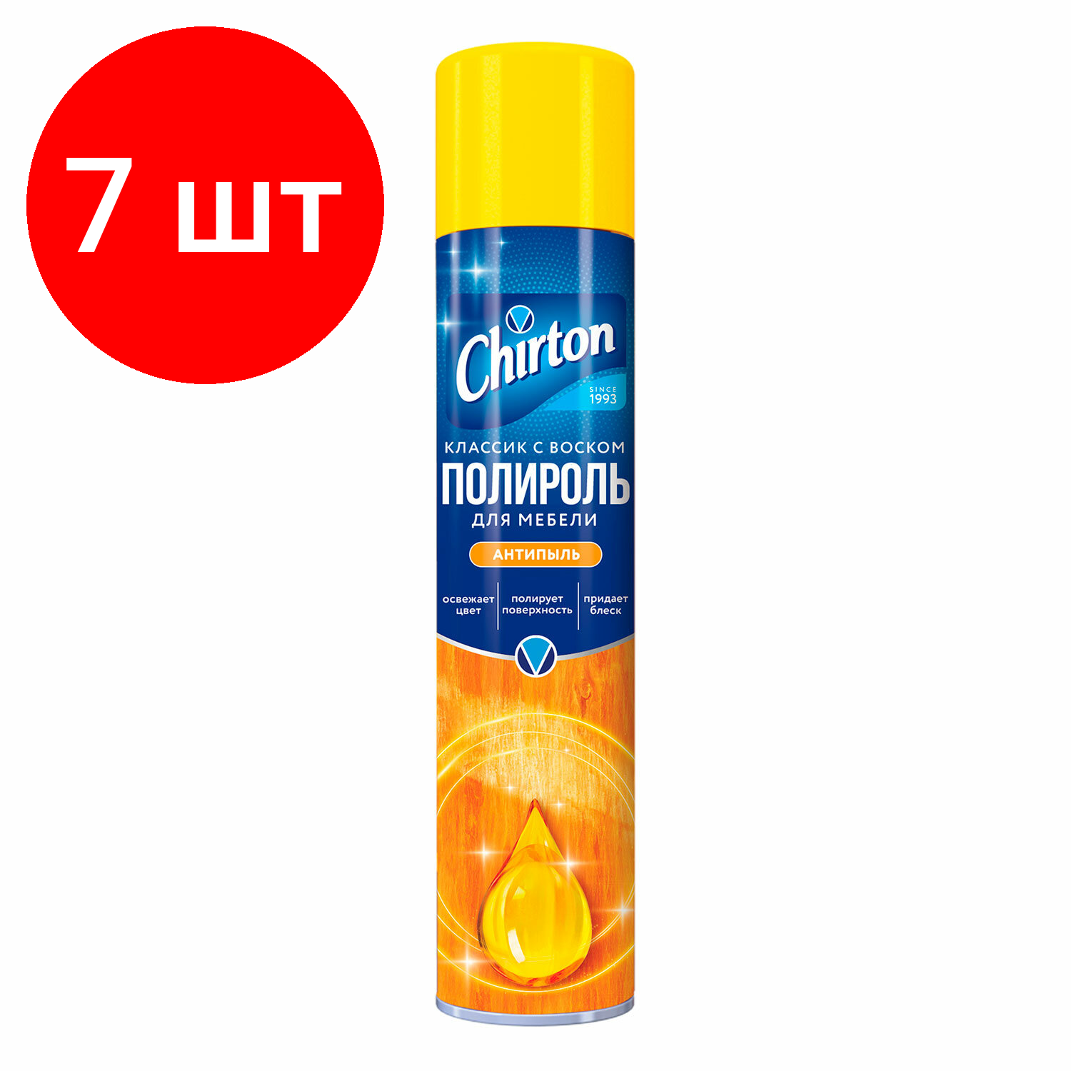 Комплект 7 шт, Полироль для мебели 300 мл, CHIRTON (Чиртон) антипыль, "Классик с воском", аэрозоль