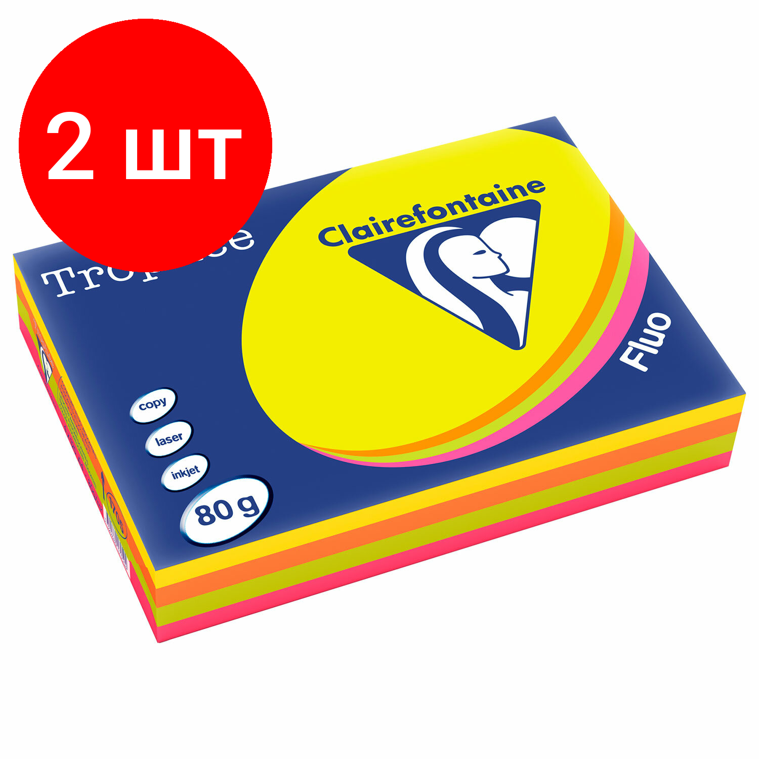 Комплект 2 шт, Бумага цветная CLAIREFONTAINE, А4, 80 г/м2, 500 л. (4 цвета x 125 л.), микс неон, 1705SC
