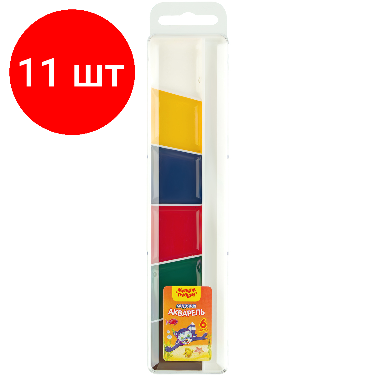 Комплект 11 шт, Акварель Мульти-Пульти "Енот в Красном море", медовая, 06 цветов, без кисти, пластик, европодвес