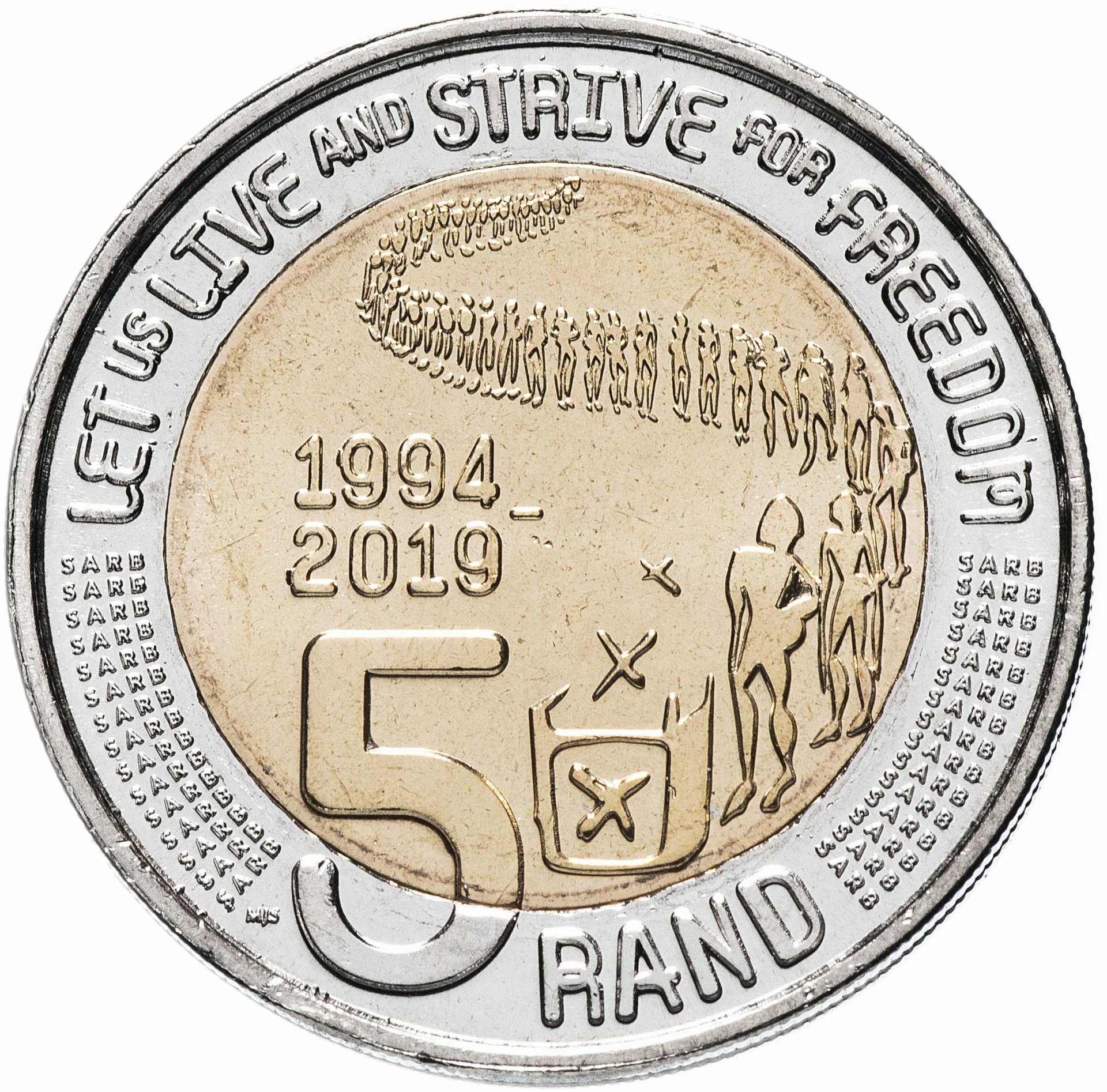 ЮАР 5 рандов rand 2019 "25 лет конституционной демократии в Южной Африке - Демократические выборы", Биметалл, в сохранности UNC