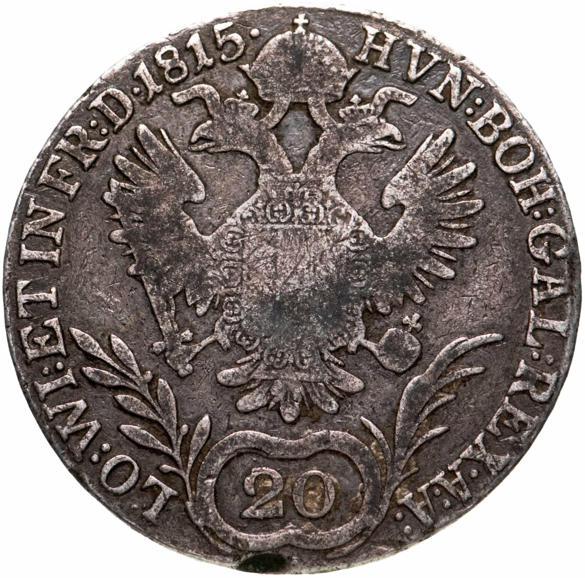 Австрия 20 крейцеров kreuzer 1815, знак монетного двора "B" - Кремница, Серебро 583, в сохранности F