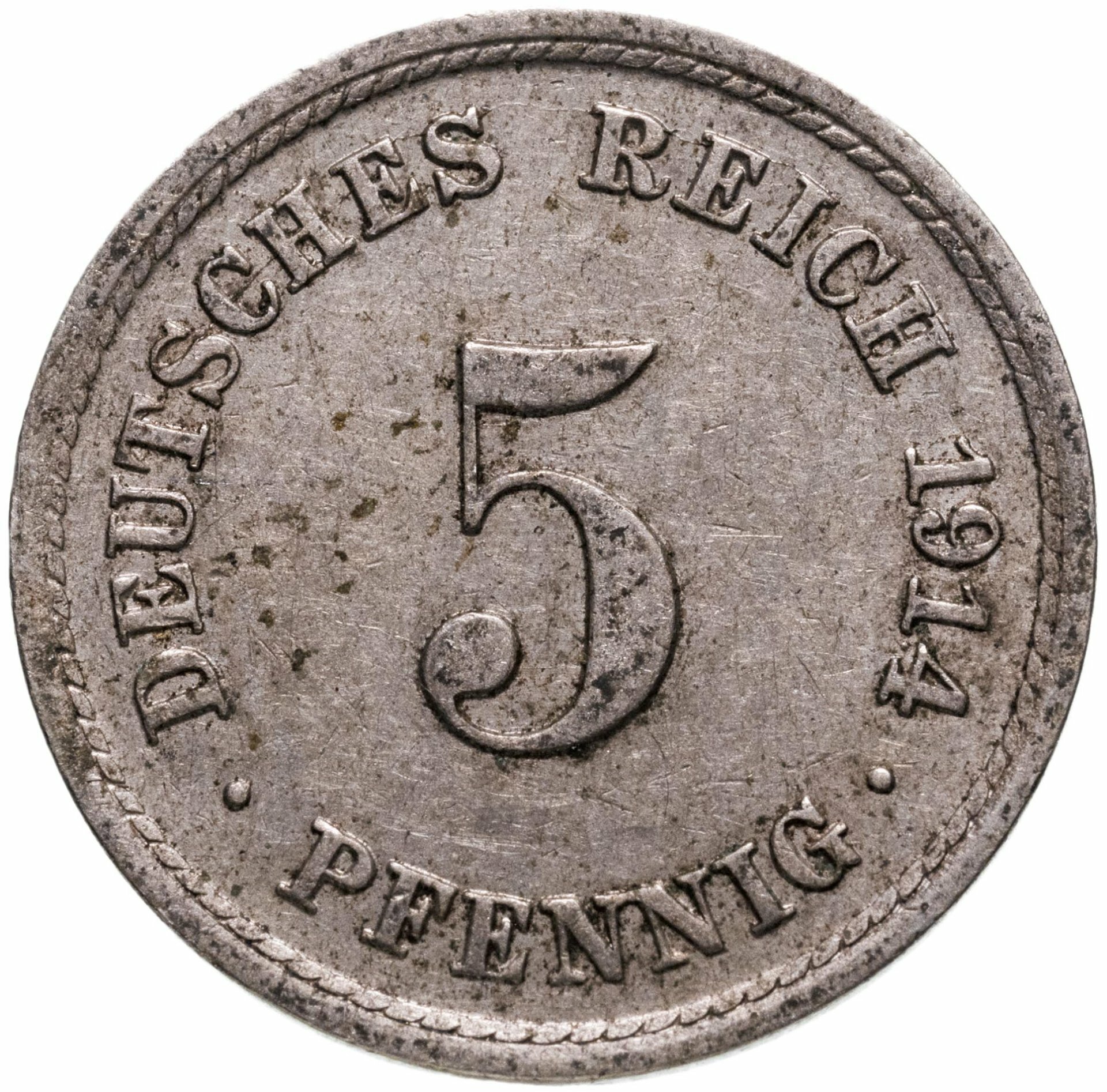 Германия 5 пфеннигов pfennig 1914 знак монетного двора: "A" - Берлин, Никель, в сохранности VF-XF