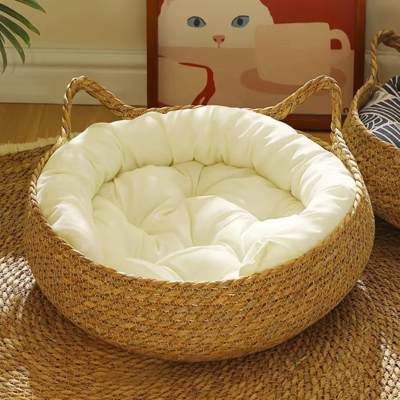 Лежанка / корзинка плетеная для кошек и собак маленьких пород с подушками, Pokupki-Tut, 45х15, цвет бежевый