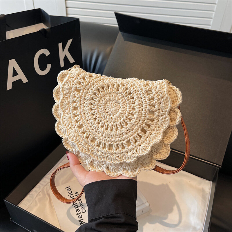 Новая кружевная круглая сумка через плечо из хлопка, плетеная сумка, полая сумка из соломки, пляжная сумка, милая универсальная женская сумка