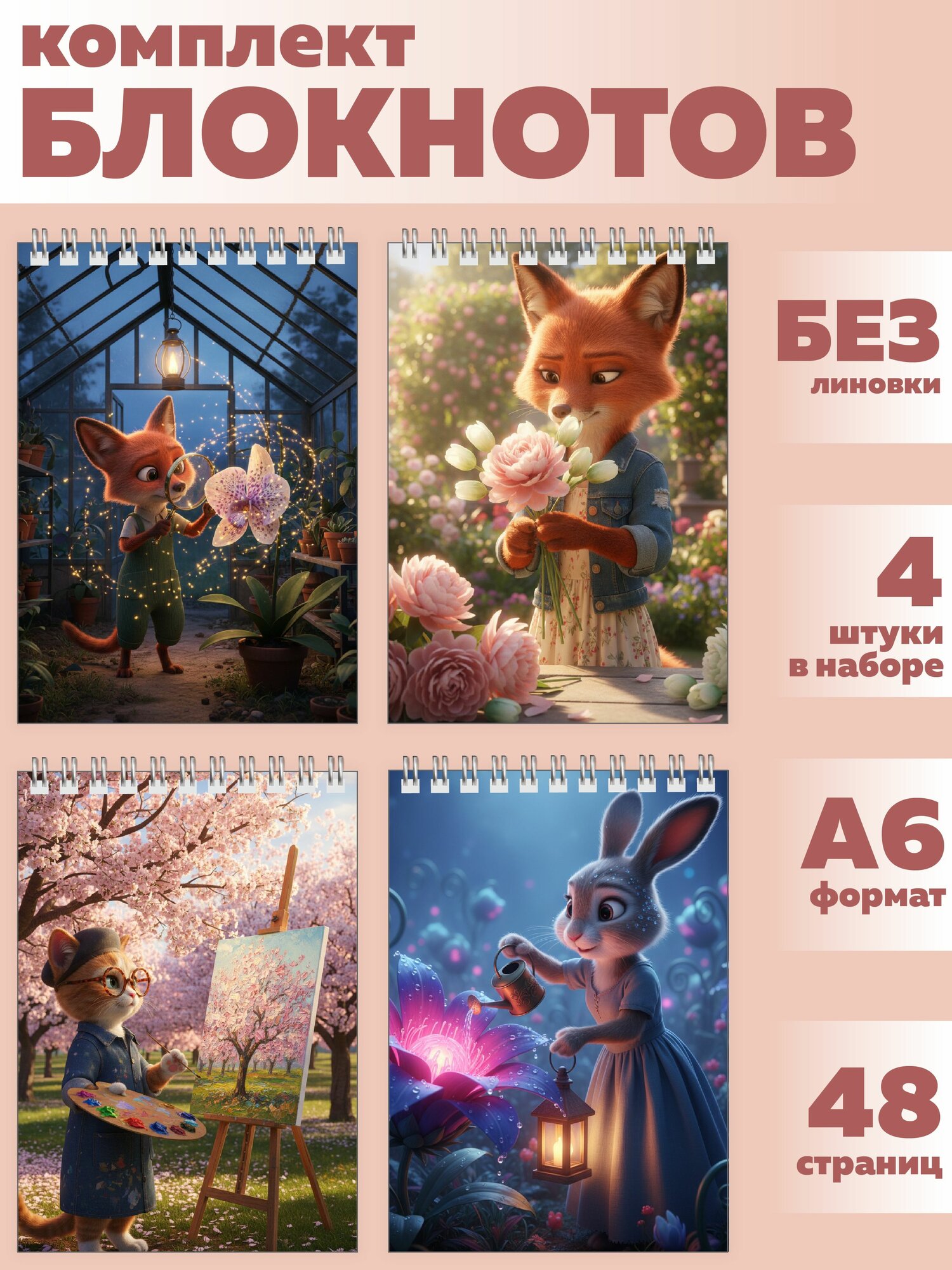 Комплект блокнотов А6 "Пушистые девочки" на 8 марта, 4 шт. (без линовки)