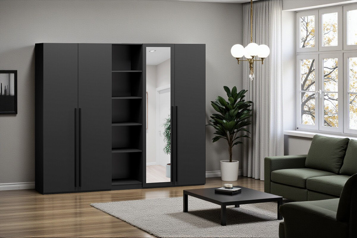 Распашной четырехсекционный шкаф Лорена Пакс-2.2 со стеллажом Черныи 0190 PE NEW 200x50x210 см, черный GOODFORM