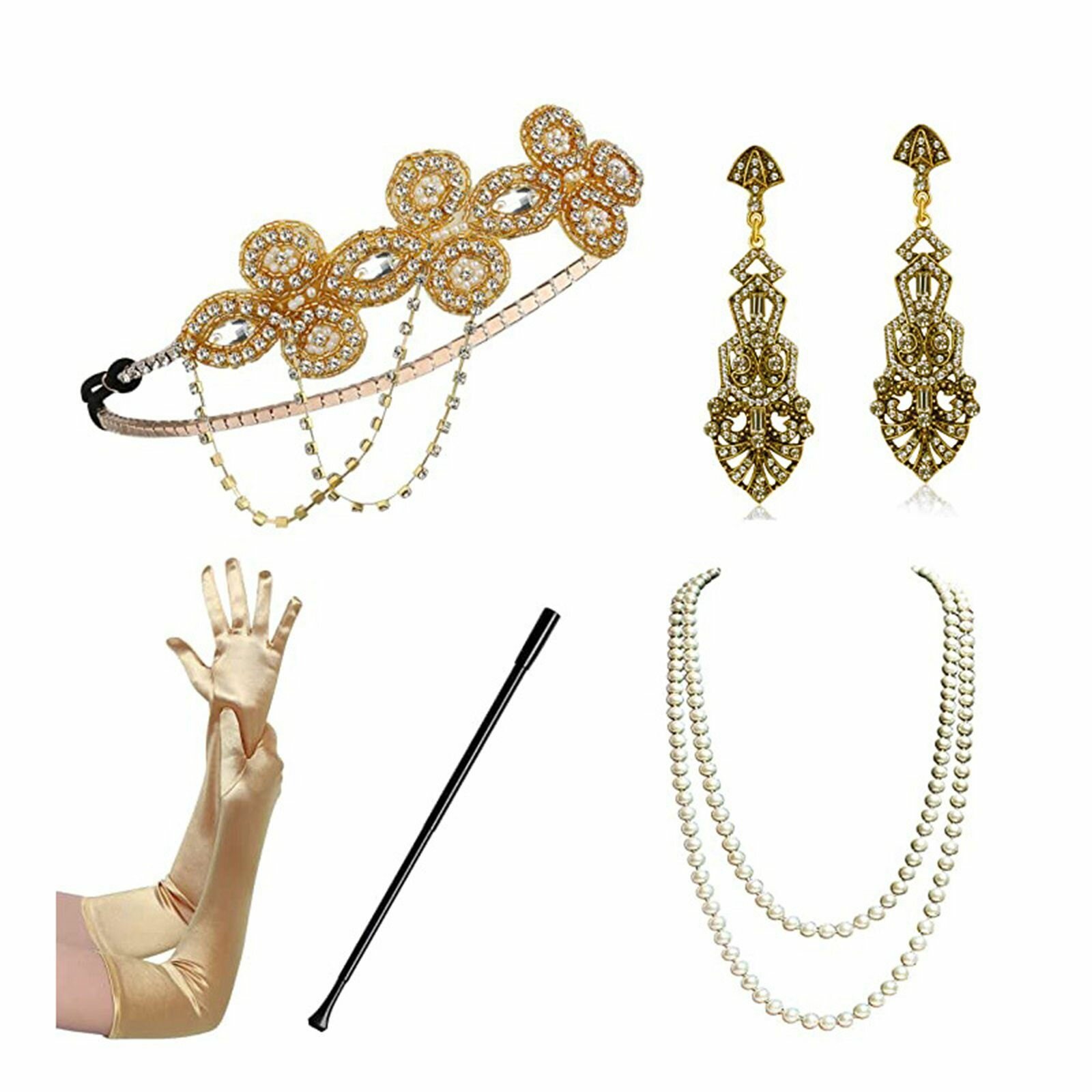 Аксессуары для костюма Гэтсби: серьги повязка перчатки ожерелье