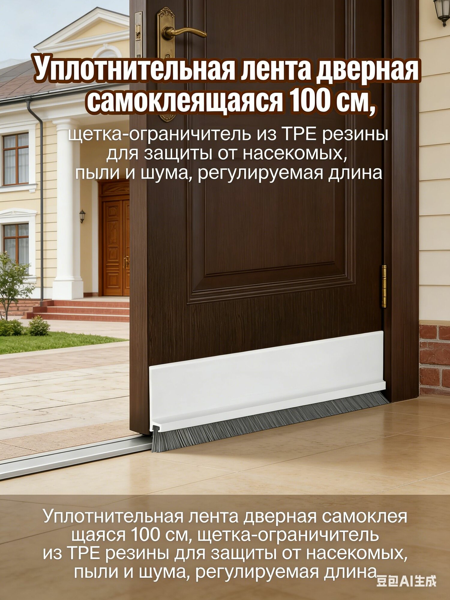 Уплотнительная лента дверная самоклеящаяся 100 см, щетка-ограничитель из ТРЕ резины для защиты от насекомых, пыли и шума, регулируемая длина