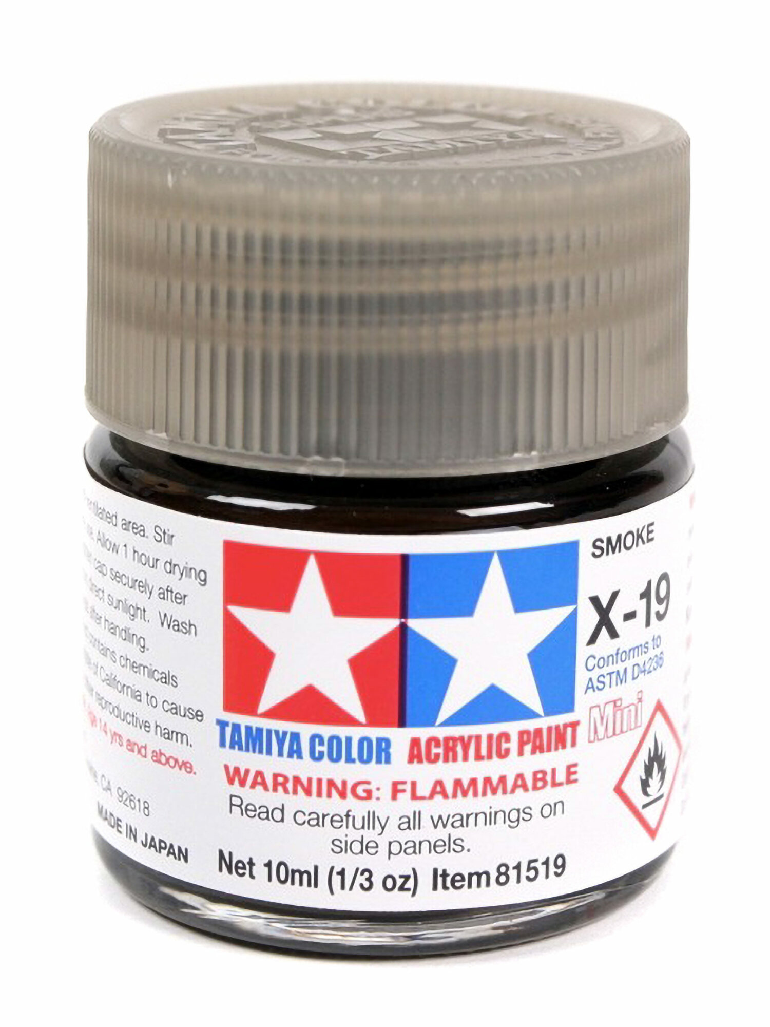 Лак акриловый полупрозрачный дымчатый Tamiya Color X-19 Smoke 81519 глянцевый, 10 мл