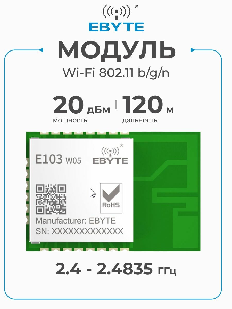 E103-W05 EBYTE Модуль Wi-Fi 802.11 b/g/n 20 дБм UART, встроенная PCB-антенна