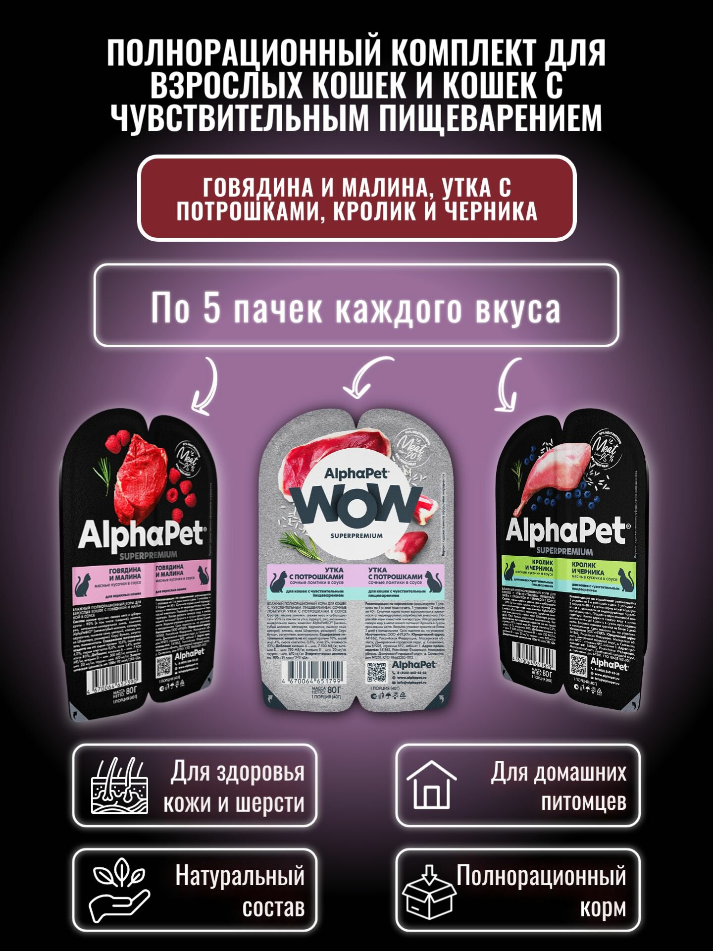 AlphaPet Superpremium / Комплект для взрослых кошек и котов и кошек с чувствительным пищеварением, 3 вкуса (Говядина, Кролик, Утка), 15 шт