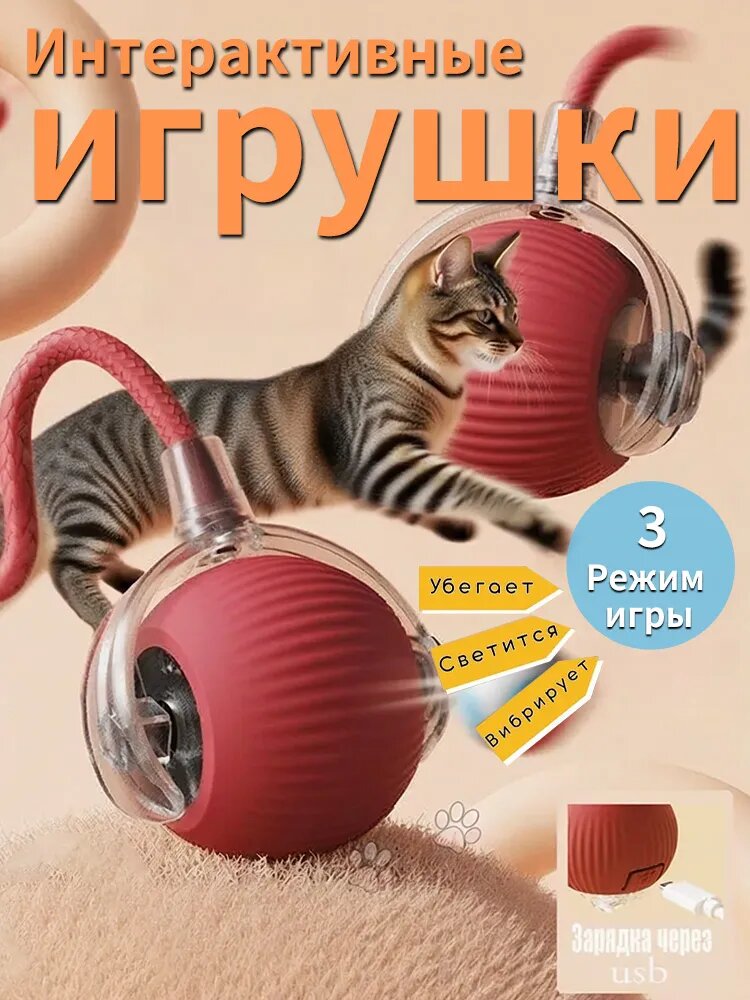 Игрушка для кошек интерактивная, умный мячик с хвостиком, дразнилка для котят