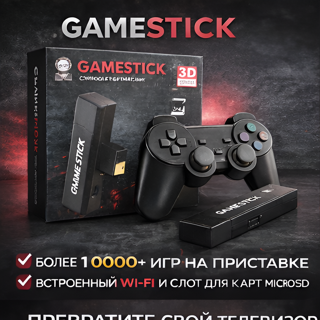 Игровая приставка GameStick 3D HDMI с двумя беспроводными геймпадами для телевизора