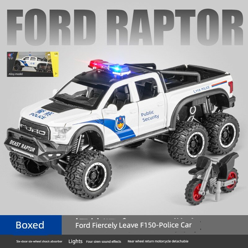 Подлинная модель Ford Raptor F-150 1:28 масштаба для полиции, металлическая игрушечная машинка в белом цвете