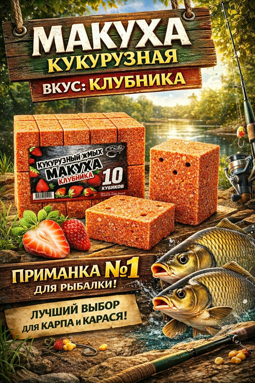 Кукурузный жмых-макуха с отверстиями для крючка "Клубника" 10 кубиков / 320г