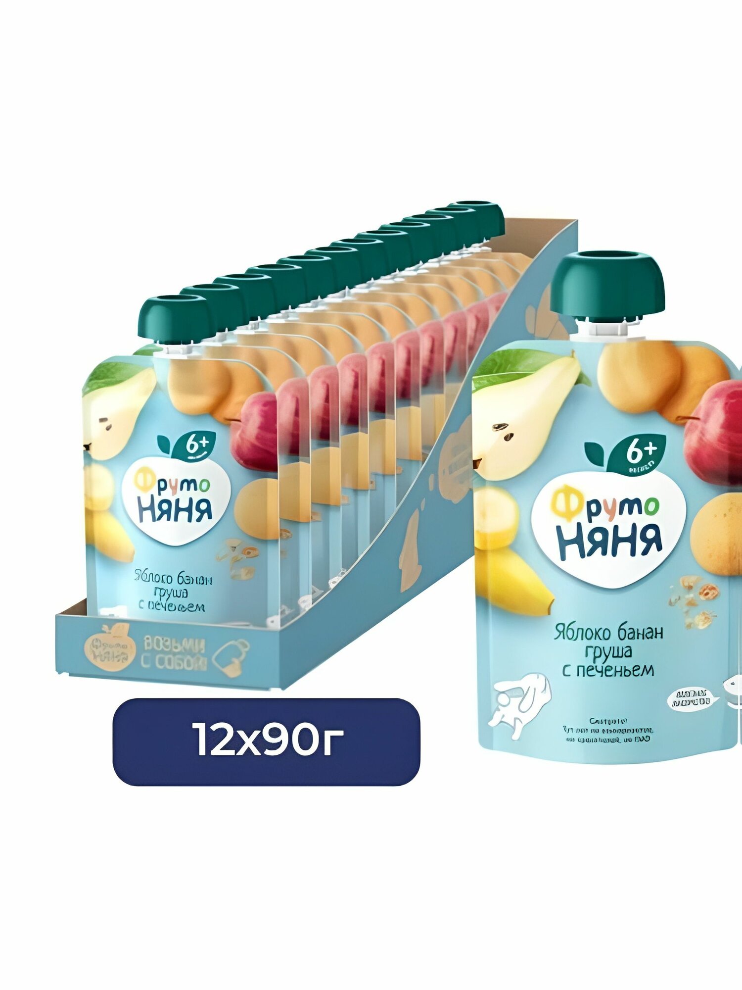 Пюре фруктовое ФрутоНяня с 6 месяцев, яблоко, банан и груша с печеньем, 90г. Упаковка 12 шт.