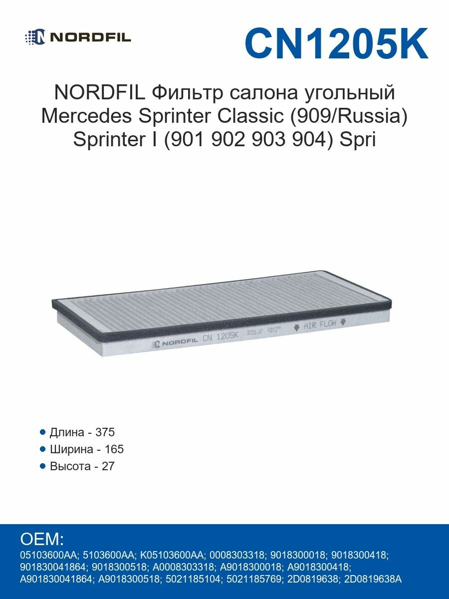 NORDFIL Фильтр салона угольный Mercedes Sprinter Classic (909/Russia) Sprinter I (901 902 903 904) Spri