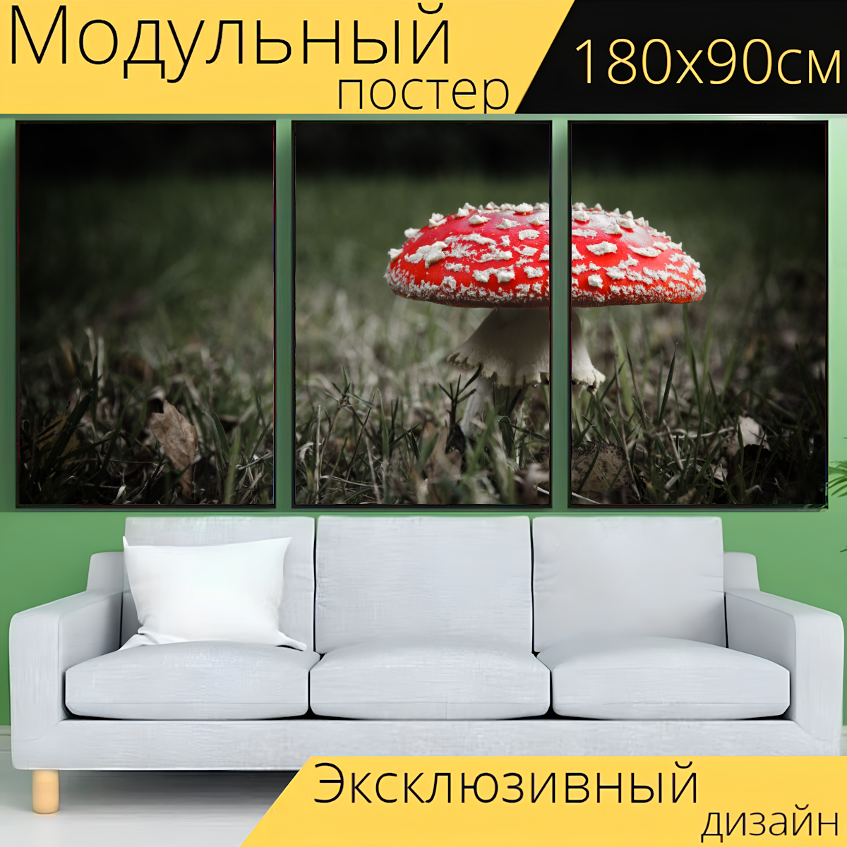 Модульный постер "Мухомор Мухомор красный в траве Мухомор красный осень шапки крупным планом красочный мухомор лес гриб трава макро." 180 x 90 см. для интерьера на стену в тубусе