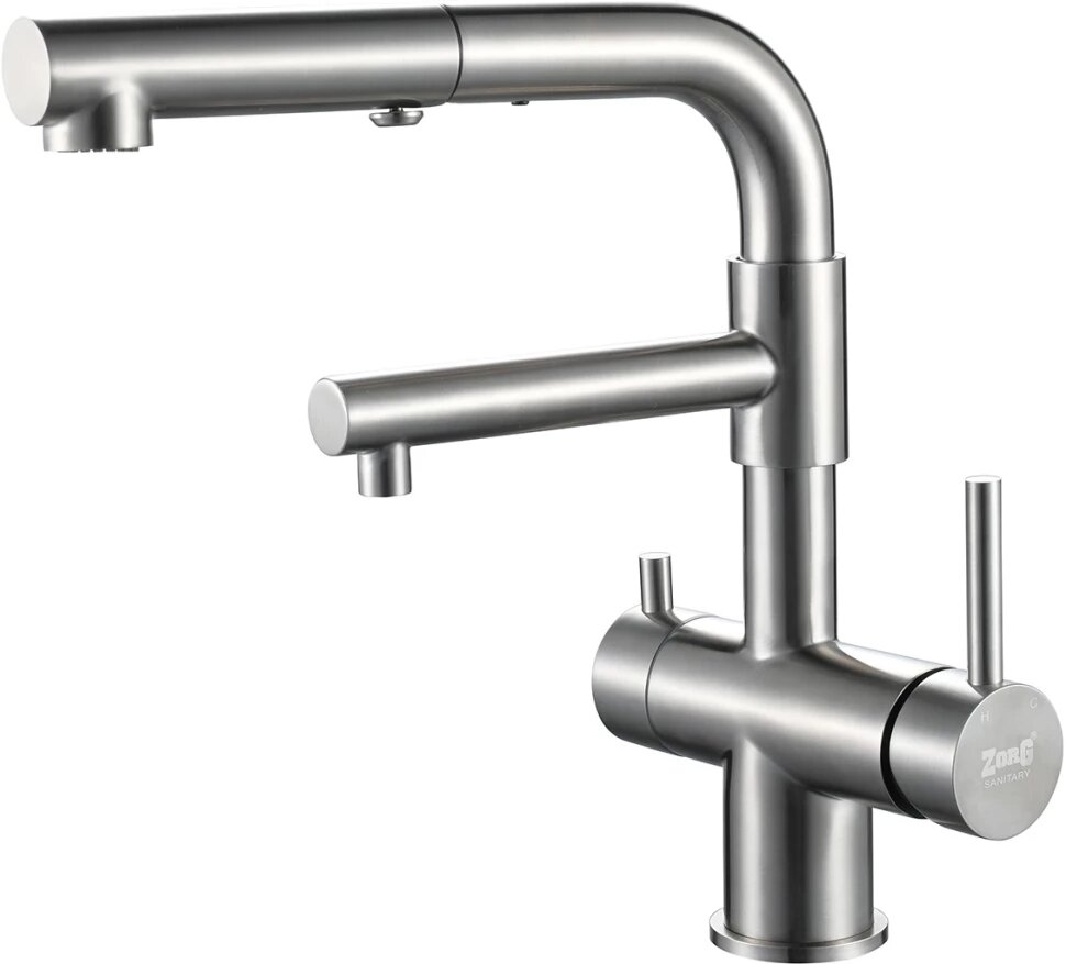 Смеситель для кухни Zorg SZR-3216 с подключением к фильтру, выдвижным изливом, нержавеющая сталь
