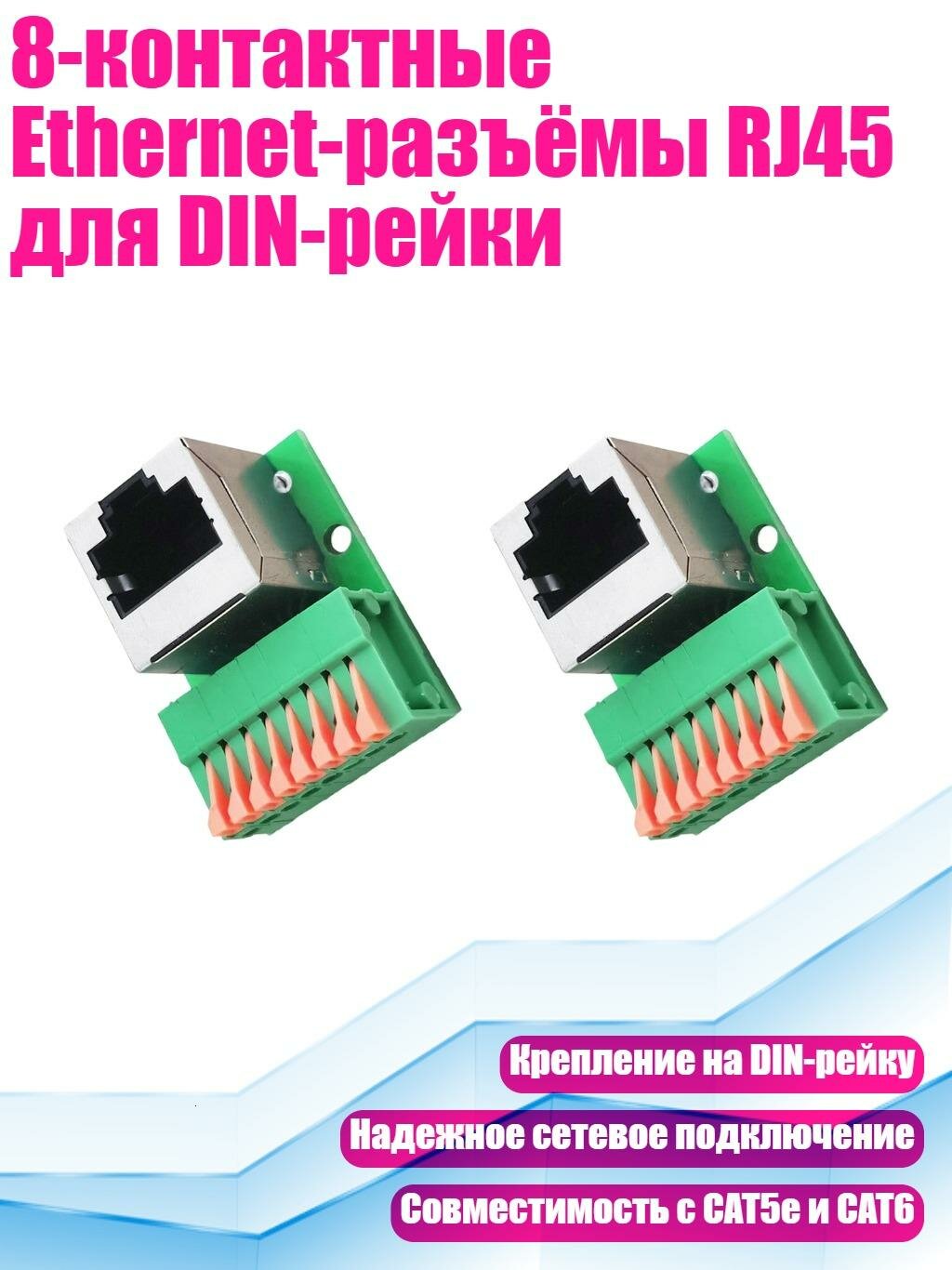 8-контактные Ethernet-разъёмы RJ45 для DIN-рейки, Вертикальный стиль