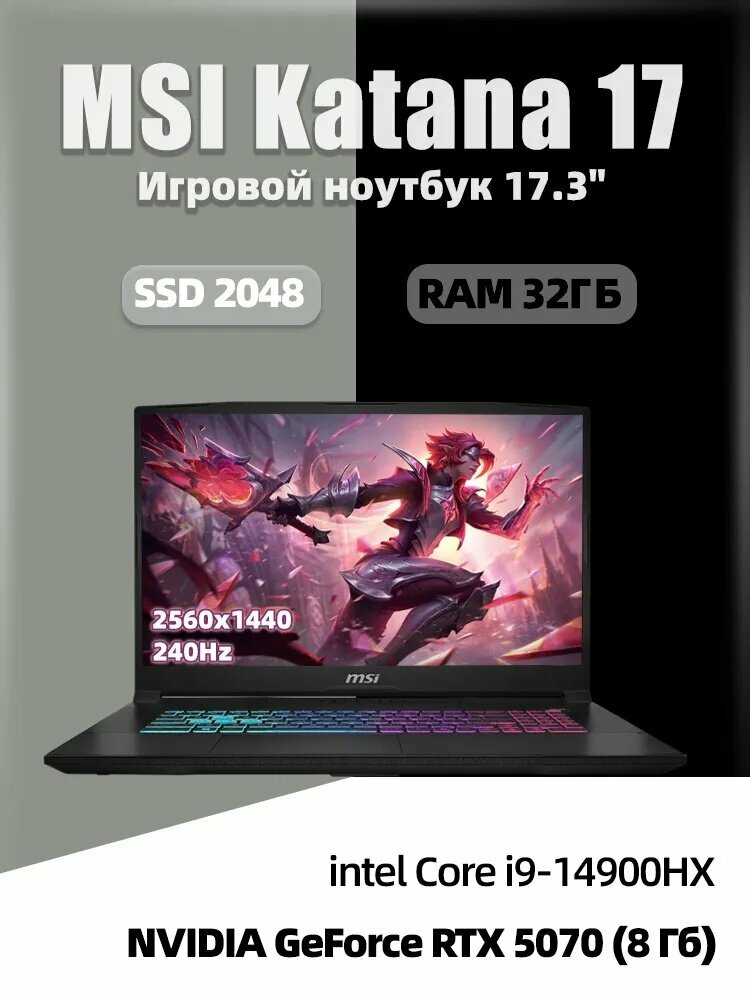 MSI MSI Katana 17 Игровой ноутбук 17.3", Intel Core i9-14900HX, RAM 32 ГБ, SSD 2048 ГБ, NVIDIA GeForce RTX 5070 для ноутбуков (8 Гб), Windows Pro, черно-серый, Английская раскладка