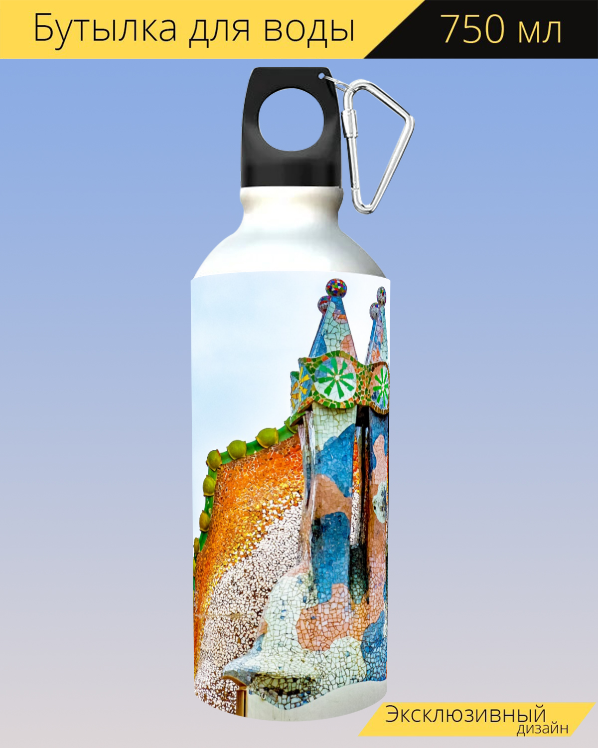 Бутылка фляга для воды "Гауди, строительство, барселона" 750 мл. с карабином и принтом