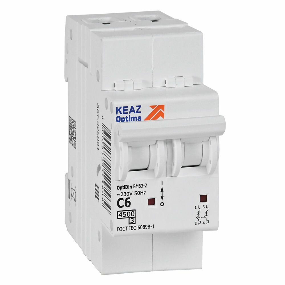Автоматический выключатель КЭАЗ двухполюсный, 6 А, C, 4,5 кА, AC, OptiDin, BM63-2C6-4,5-УХЛ3