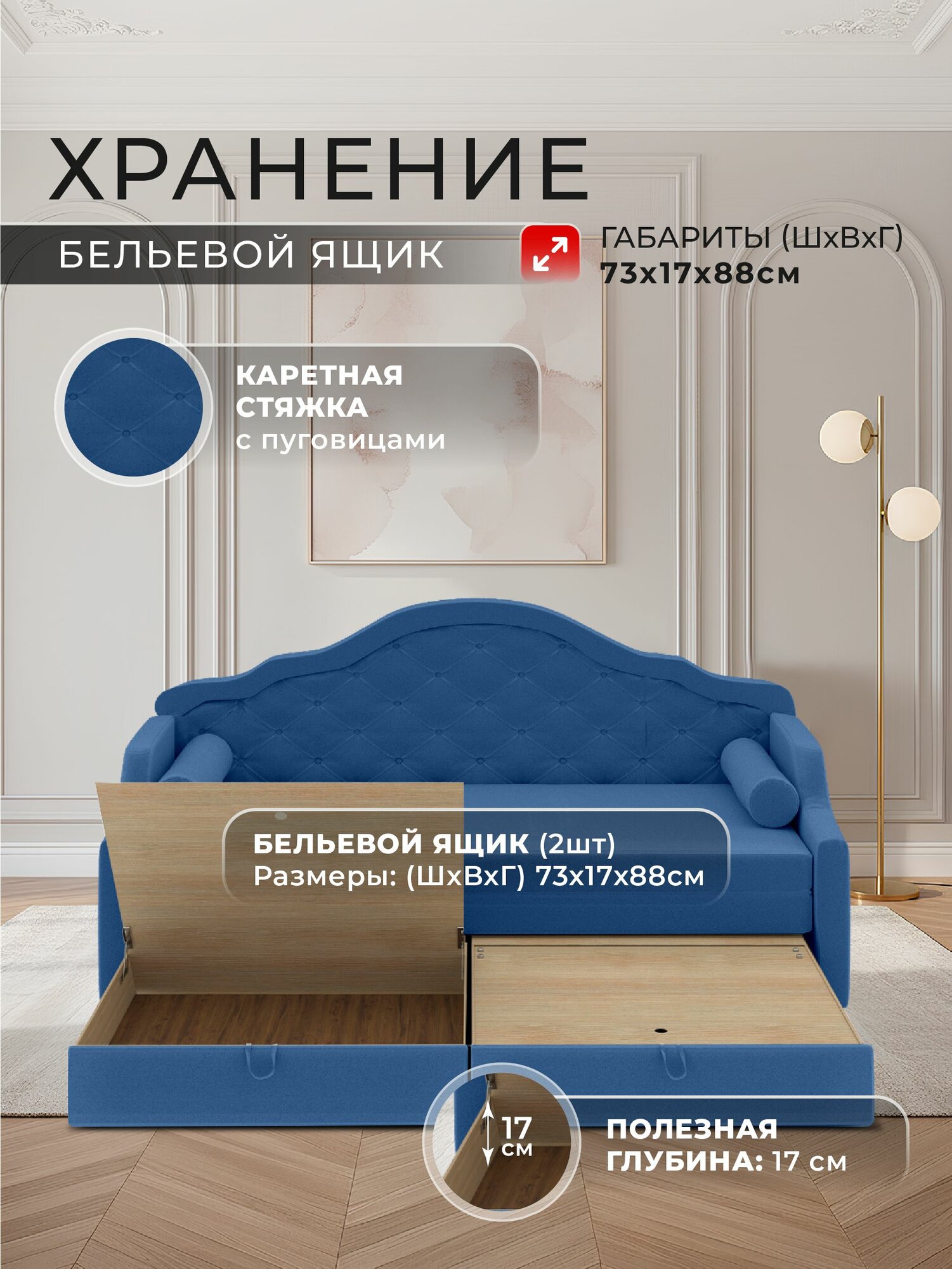 Софа Версаль фокус- мебельная фабрика 212х103х112 см синий велюр — фото 1