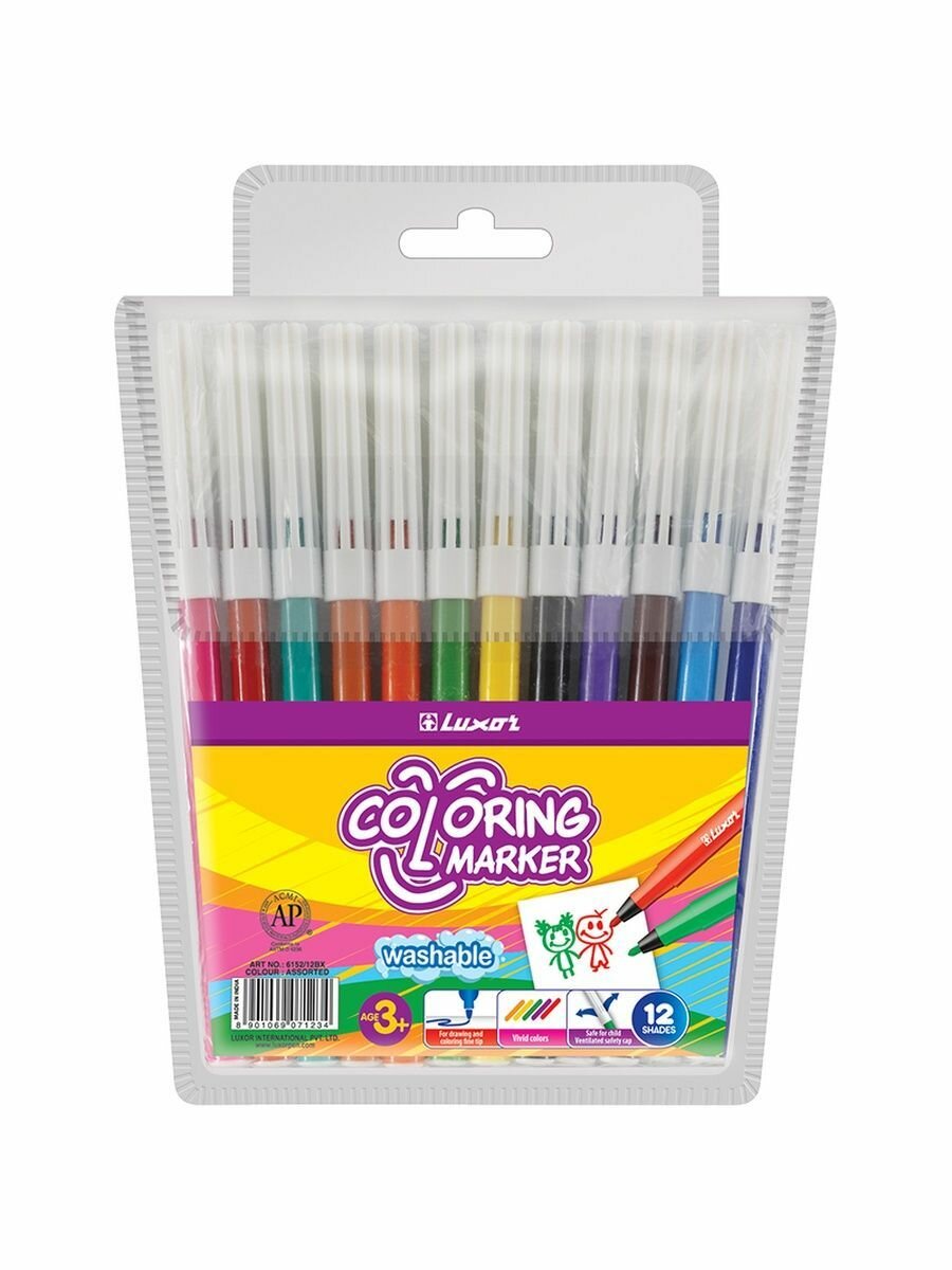 Фломастеры Luxor "Coloring", 12цв, смываемые, ПВХ, европодвес, 6101/12 WT