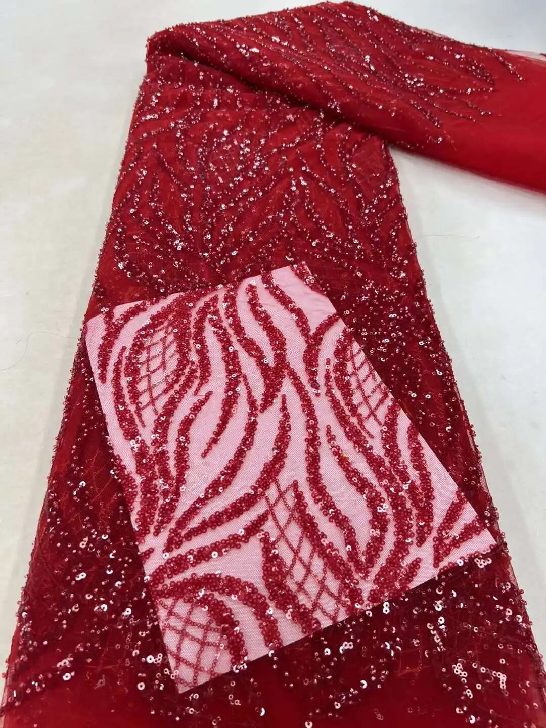 Красная кружевная ткань с пайетками, 3African lace Fabric