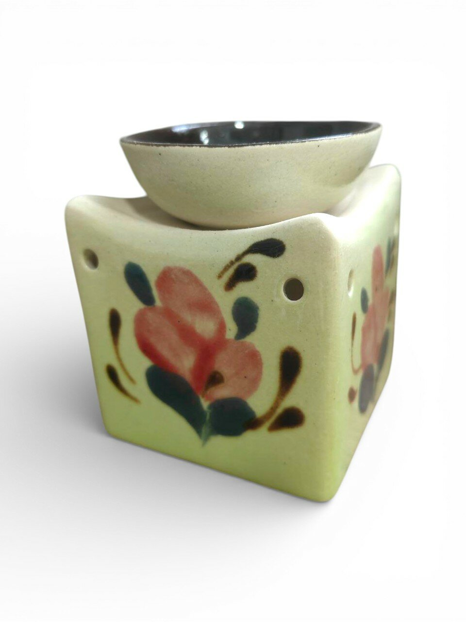 Аромалампа кубик зелёный рисунок (ручная роспись, керамика, 8 см.), 1 шт.