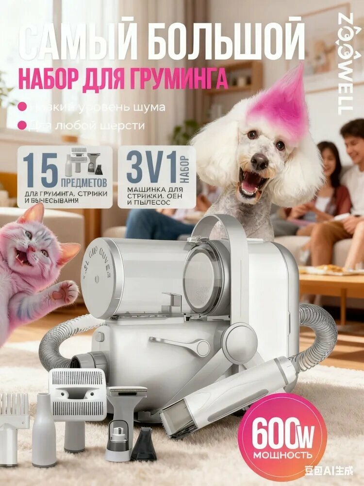 Набор для груминга фен для сушки животных, беспроводная машинка для стрижки собак и кошек, щетка пылесос для чистки от шерсти ZooWell Action, цвет серый