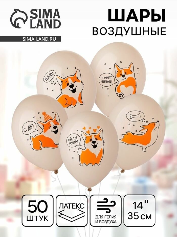 Воздушный шар латексный 14" С днём рождения. Корги , 50 шт.