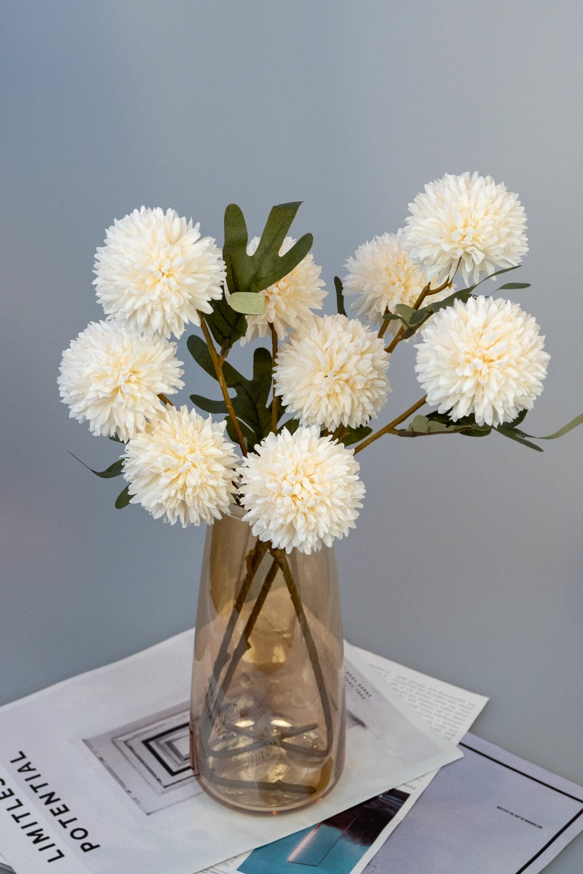 Искусственные цветы для декора интерьера Хризантема шарик кремовая 50 см 3 ветки