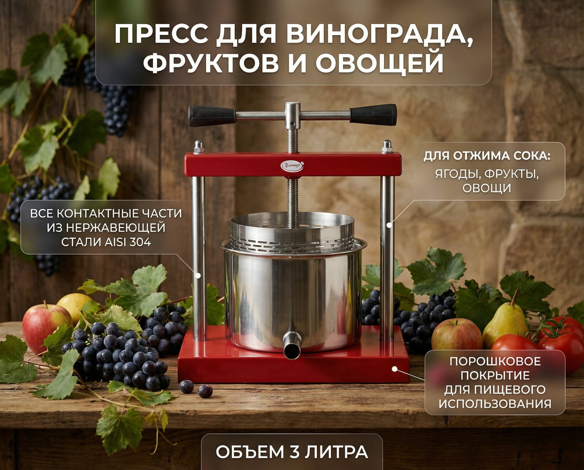 Пресс Умница ПР-3л для отжима сока из винограда, фруктов, ягод, овощей, 3 л