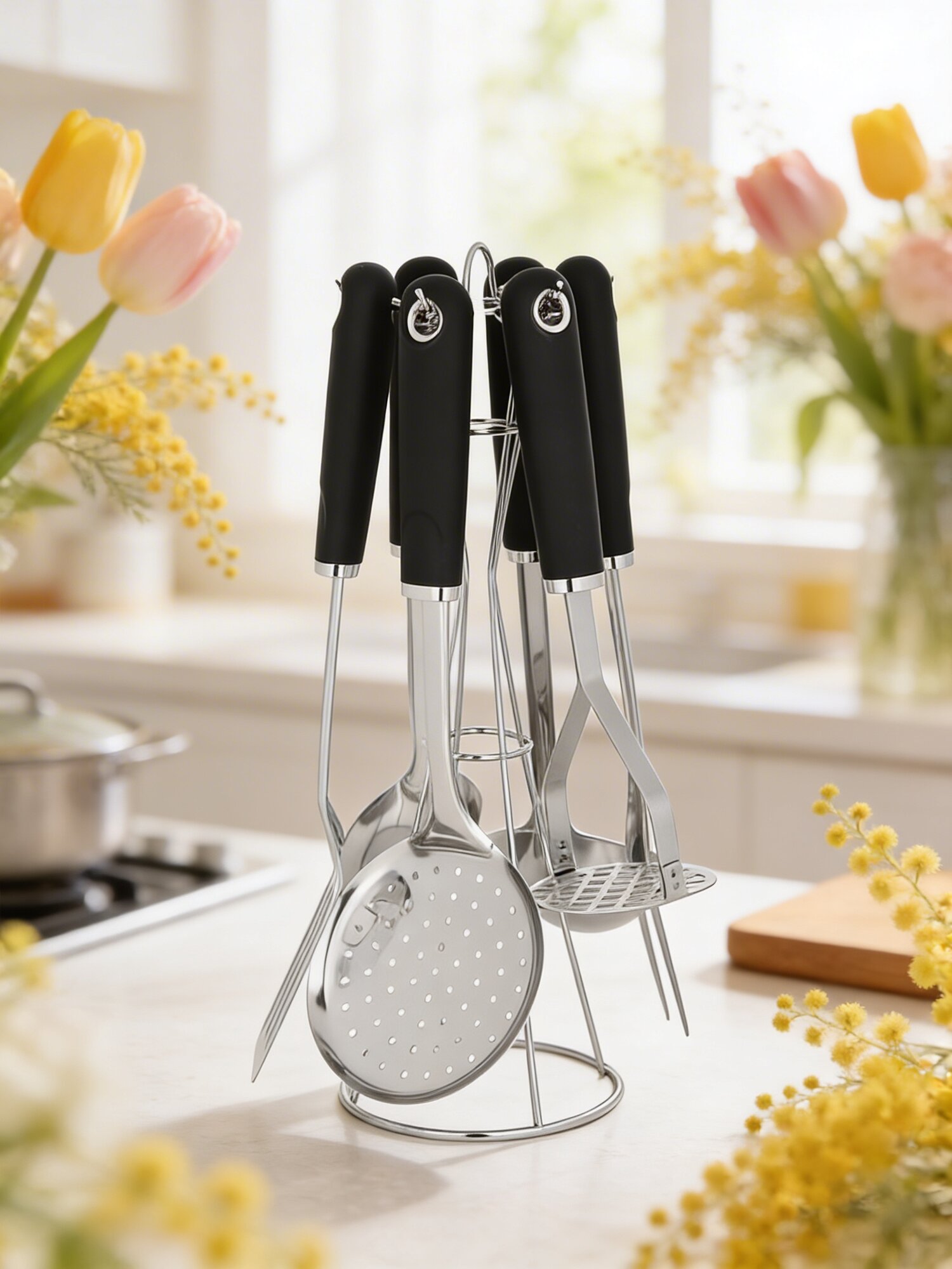 Набор кухонных принадлежностей на подставке, 7 предметов, нержавеющая сталь