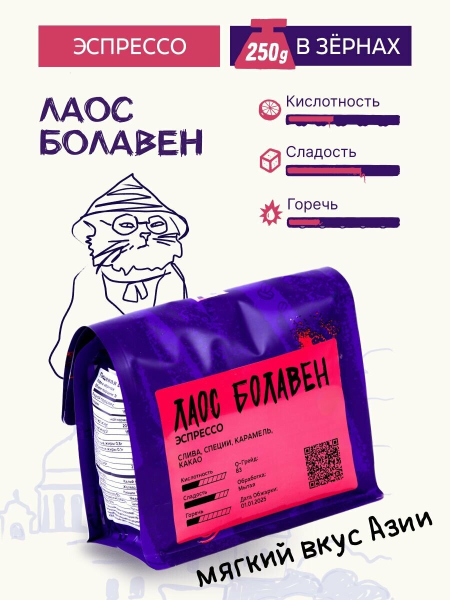 Кофе Мануфактура кофе "Лаос Болавен", в зернах, арабика, 100% натуральный, для эспрессо, 250 г