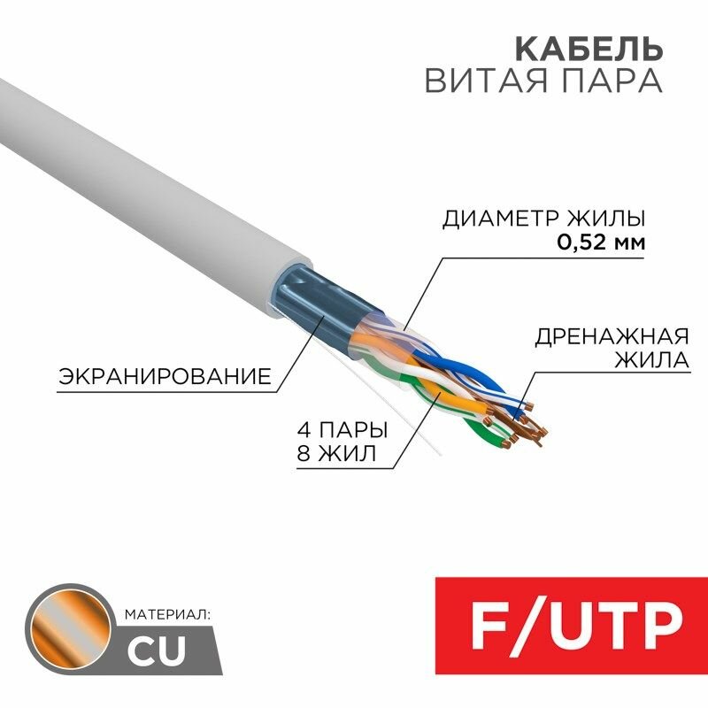 Кабель витая пара F/UTP, CAT 5e, PVC нг(А)-LS, 4х2х0,52мм, 24AWG, INDOOR, SOLID, серый, 305м, REXANT