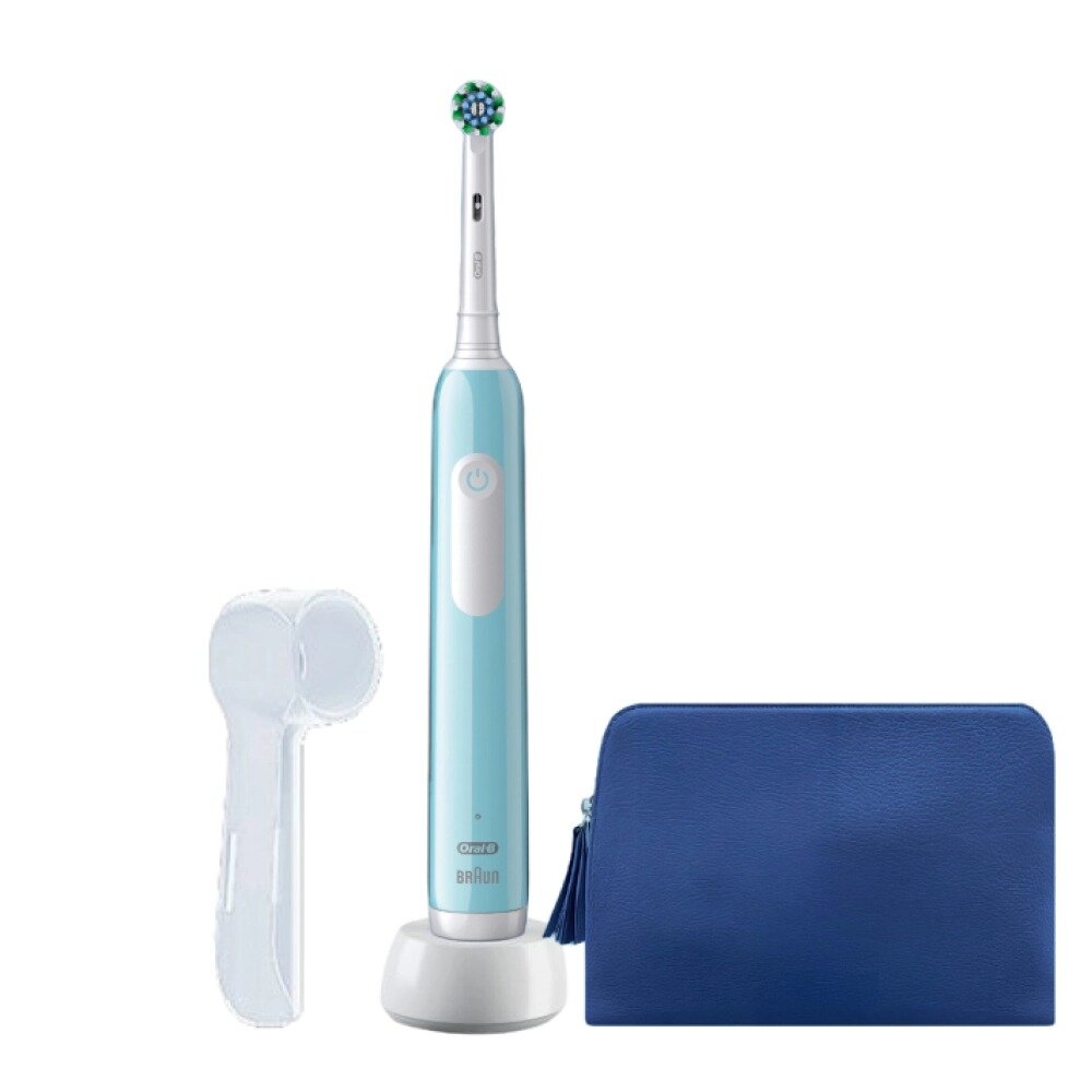Подарочный набор электрическая зубная щетка Oral-B Pro 1 голубая, косметичка, колпачок для насадок в комплекте